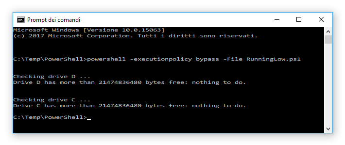 RunningLow - PowerShell script to check for disk space and send e-mail