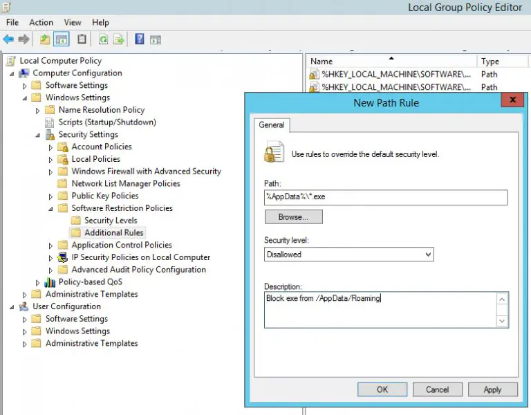 Windows - How to block exe files run with Software Restriction Policies