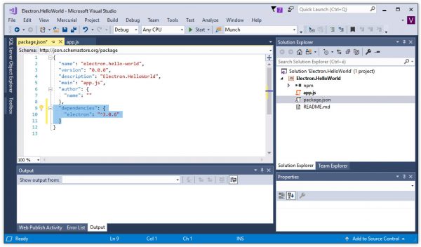 Visual Studio 2017 - Electron Project setup and Hello World sample