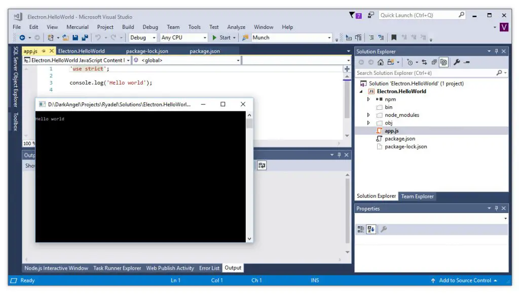 Visual Studio 2017 - Electron Project setup and Hello World sample